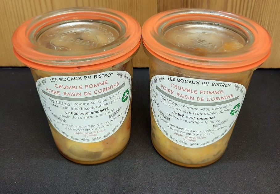 Le crumble et sa compotée : pomme, poire, raisins de Corinthe x12